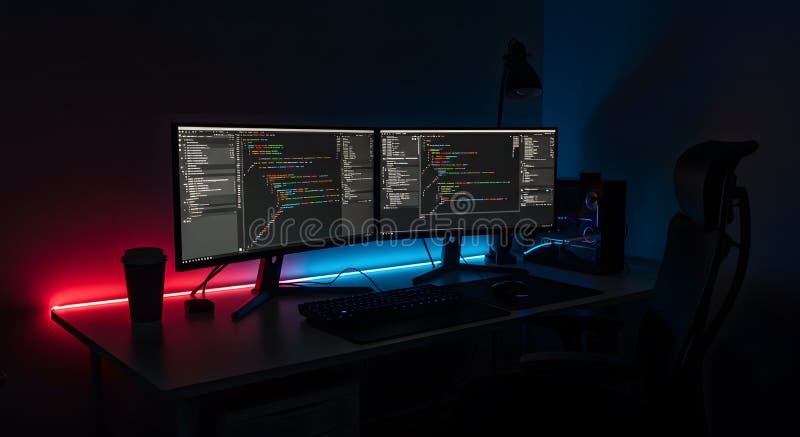 Programmer S Workspace with Code on Dual Monitors Stock Photo - Image ...