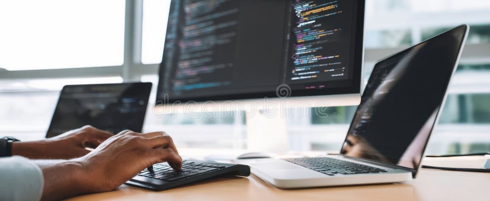 The Programmer S Workspace Featuring Multiple Screens Displaying Code and Technology. AI ...