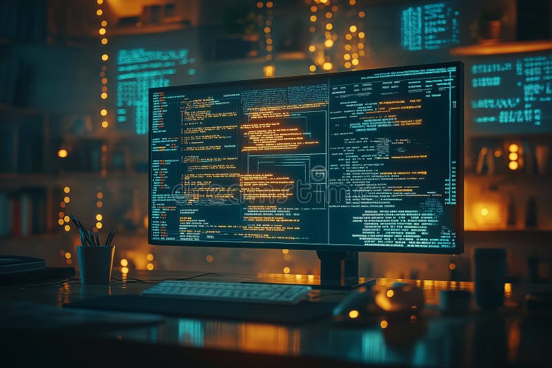 A Programmer S Workspace Illuminated by Colorful Code at Night ...