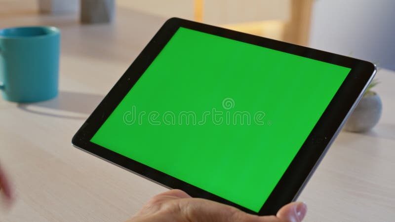 Programmer Scrolling Greenscreen Tablet Browsing Application in Office ...