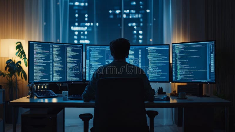 A Programmer Sits in Front of Multiple Monitors Coding in a Dark Office ... A Programmer Sits in Front of Multiple Monitors Coding in a Dark Office ...