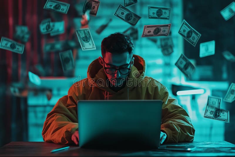 Programmer Sits in Front of a Pc, Falling Money Fly Around Stock Image ... Programmer Sits in Front of a Pc, Falling Money Fly Around Stock Image ...