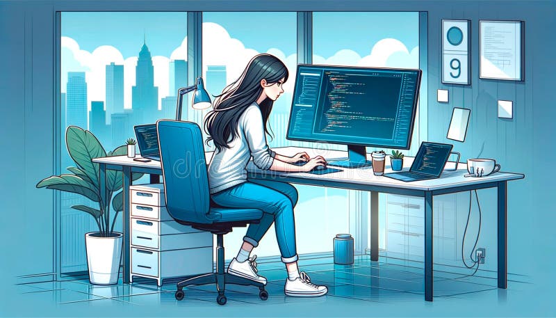 Programmer Sitting at a Computer Stock Illustration - Illustration of ...