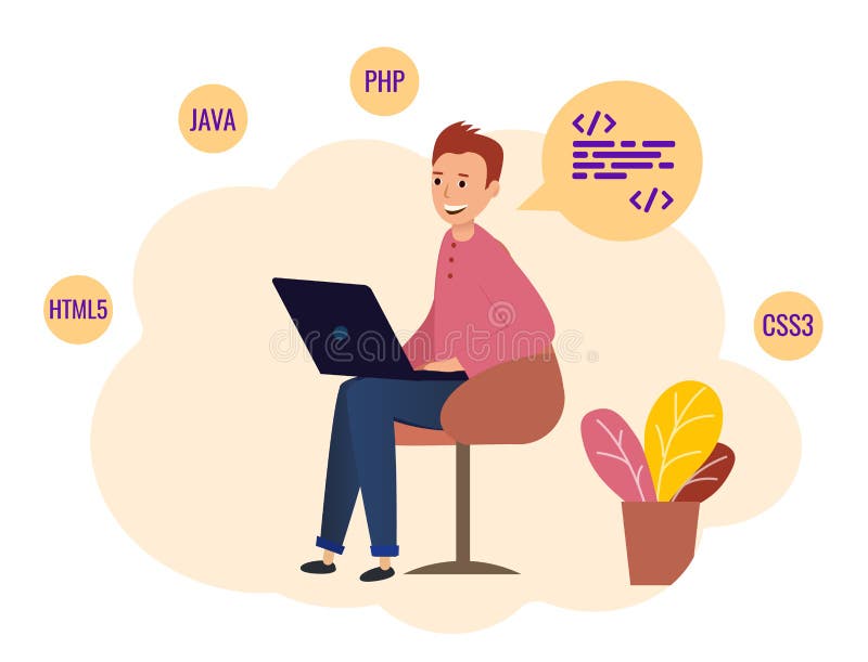 Programmer Sitting with Laptop Bw Concept Vector Spot Illustration ...