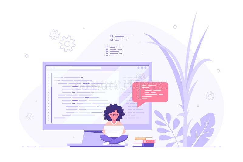 Programmer Specialist Sitting On Big Computer Screen And Working Stock Vector Illustration Of