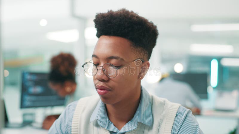 Glasses Man Or Programmer Reading On Computer For Coding Research Or Cybersecurity Update