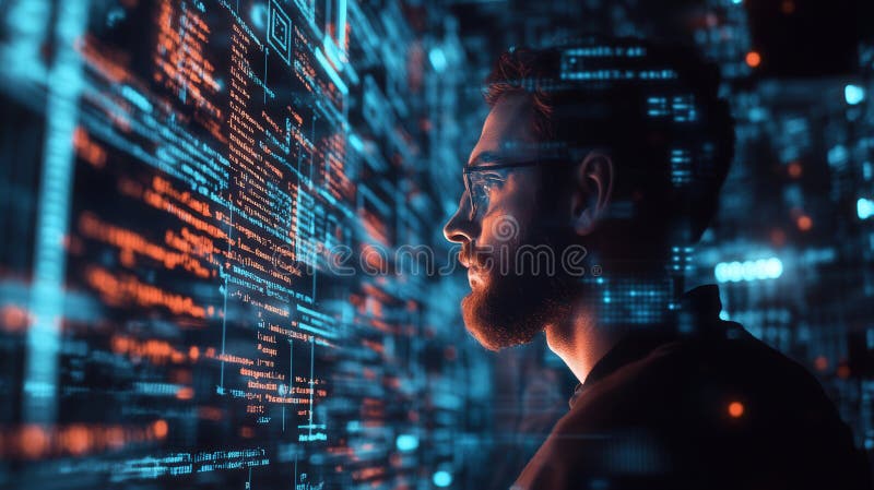 Programmer Surrounded by Floating Lines of Code Stock Photo - Image of cyber, software: 377410208