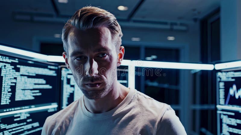 Programmer Surrounded by Glowing Monitors with Source Code in High-tech Workspace at Night Stock ...