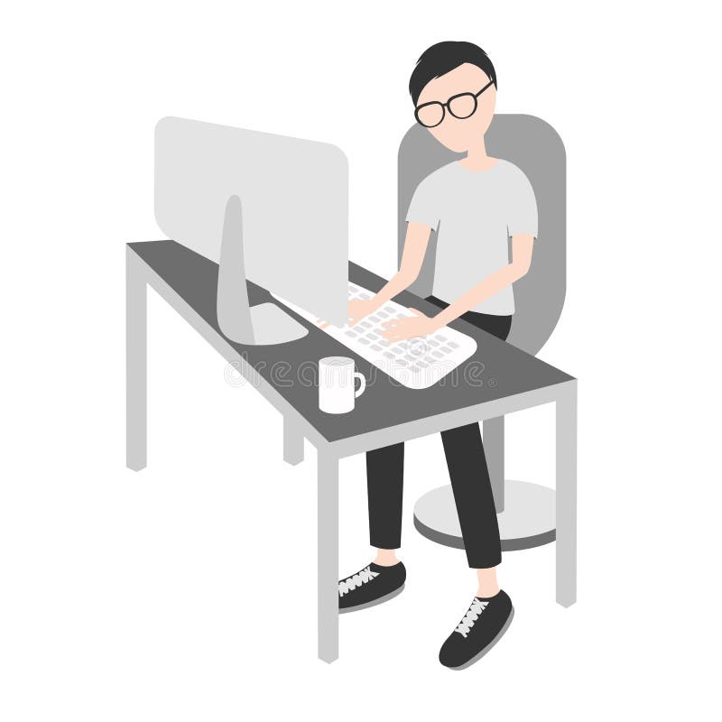 Programmer at the Table and Monoblock. Isolated Objects without Stroke ...