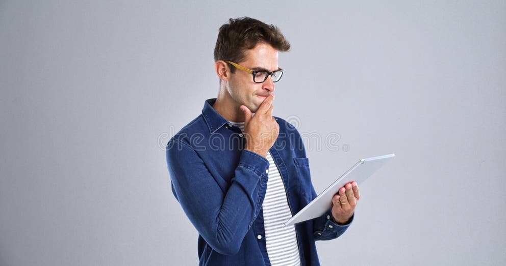 Programmer, Tablet or Man with Thinking in Studio for Software Glitch ...