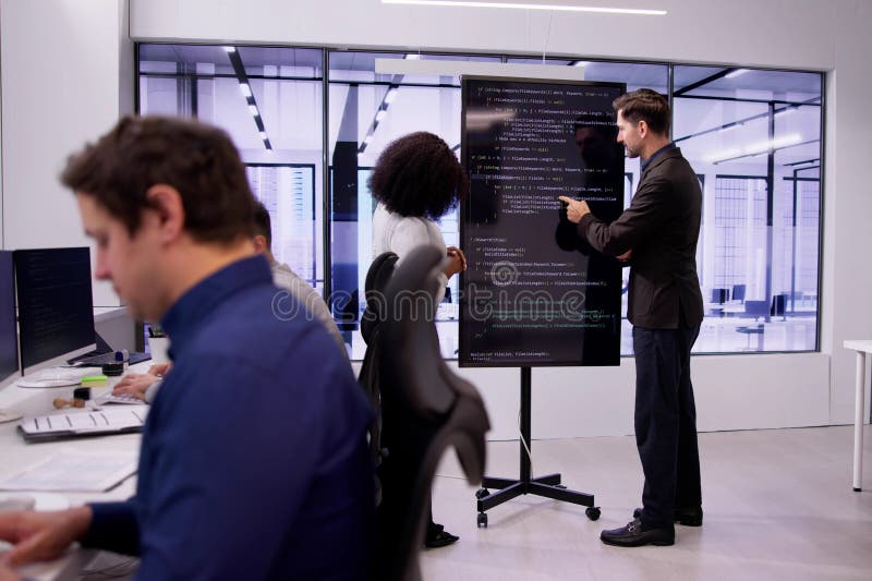 Programmer Team Meeting with TV Screen in Office Stock Photo - Image of ...
