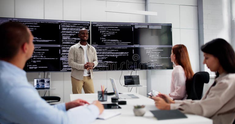 Programmer Team Meeting with TV Screen in Office Stock Image - Image of ...