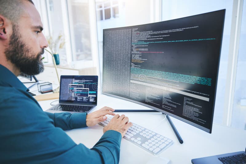 Programmer Technician Man And Computer Code For Software Script Or Cyber Security In Office It