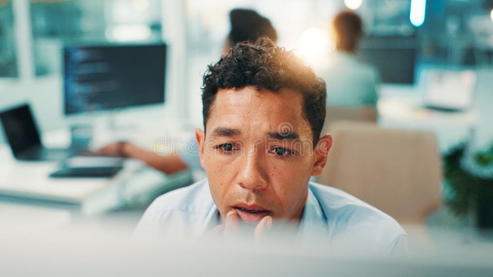 Programmer, Thinking and Man on Computer in Office for Problem Solving ...