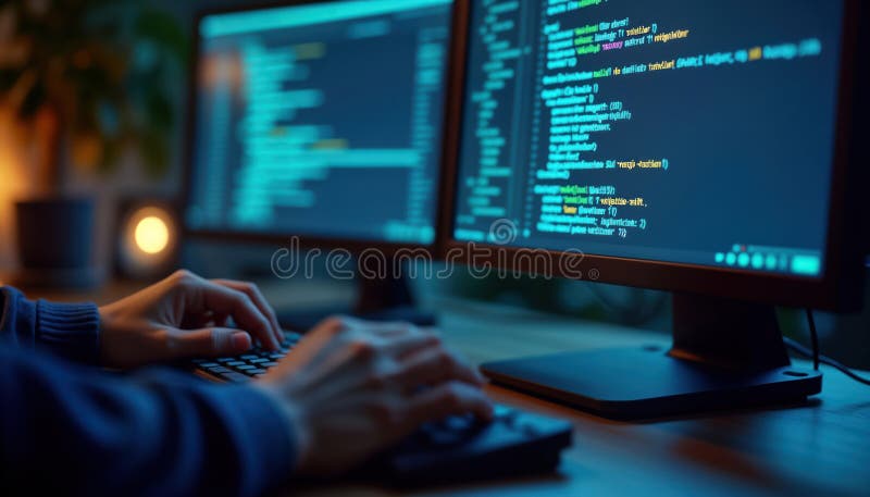 Programmer Types Code on Keyboard Illuminated by Glowing Computer Screens in Workspace. Hands ...