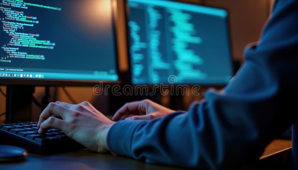 Programmer Types Code on Keyboard in Tech Workspace. Hands on Keyboard Illuminated by Glowing ...