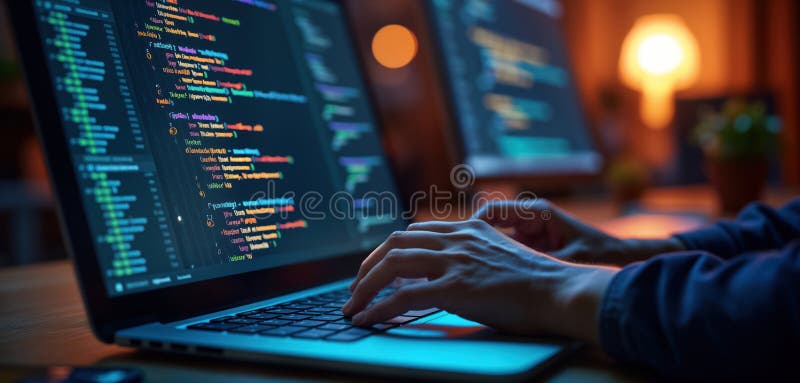 Programmer Types On Laptop Keyboard Coding Language Visible On Screen Developing Software With