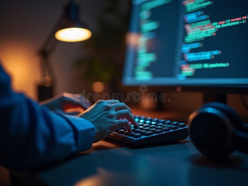 Programmer Typing Code on Backlit Keyboard at Night Stock Photo - Image ...