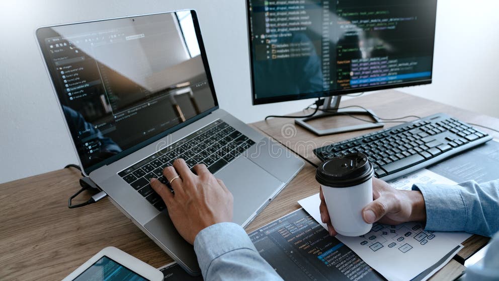 Programmer Typing Code on Desktop Computer, Developing Programming and ...