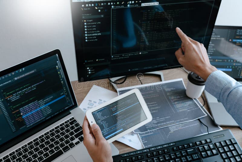 Programmer Typing Code On Desktop Computer Developing Programming And Coding Technologies