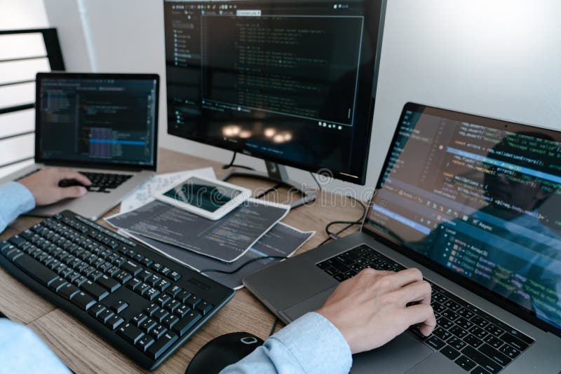 Programmer Typing Code On Desktop Computer Developing Programming And Coding Technologies