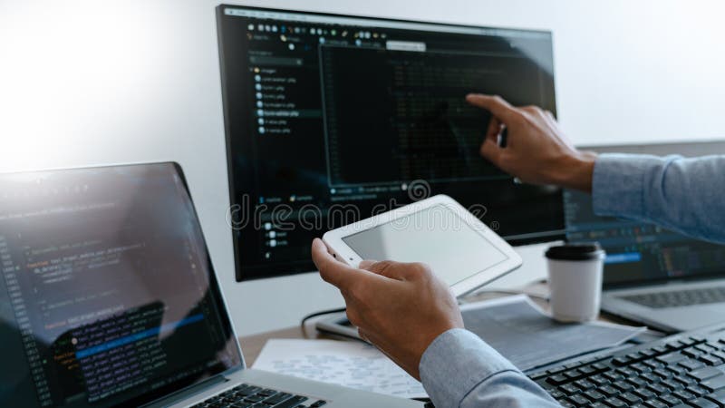 Programmer Typing Code on Desktop Computer, Developing Programming and ... Programmer Typing Code on Desktop Computer, Developing Programming and ...