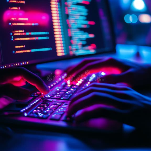 Programmer Typing Code on Illuminated Keyboard at Night Stock Illustration - Illustration of ...