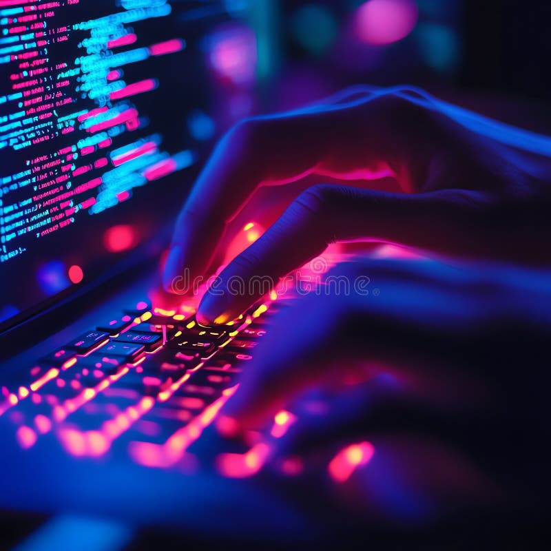 Programmer Typing Code on Illuminated Laptop at Night Stock Illustration - Illustration of data ...