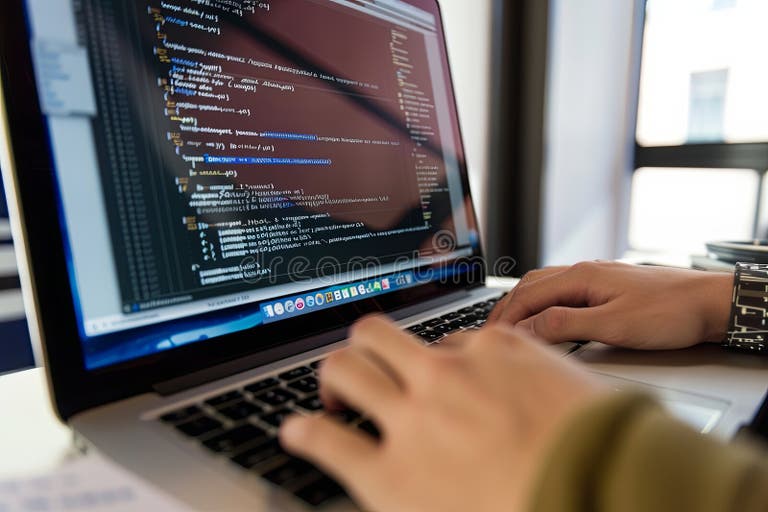 The Programmer is Typing Code on a Laptop, a Close-up Photo of Hands and the Laptop. Stock Image ...