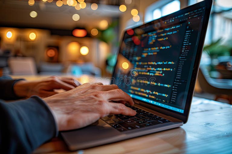 The Programmer is Typing Code on a Laptop, a Close-up Photo of Hands and the Laptop. Stock Image ...