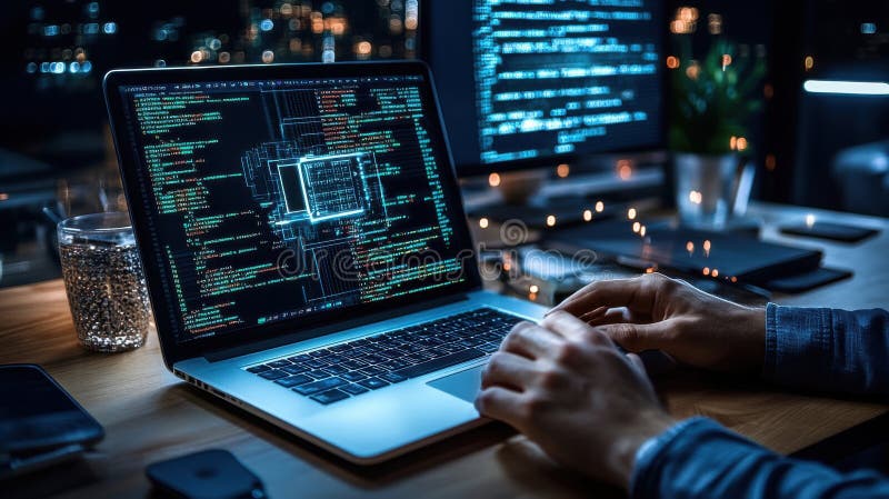 A Programmer Typing Code on a Laptop in a Dark Environment, Surrounded ...