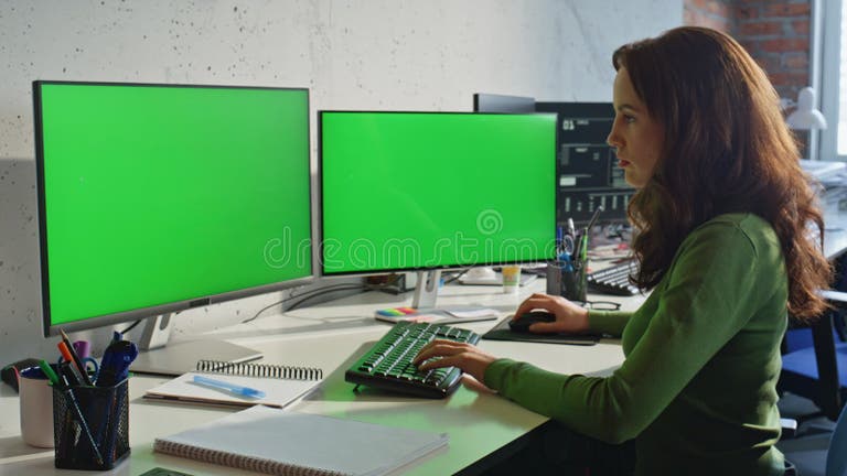 Programmer Typing Codes Mockup Computer in Work Room Closeup. it Woman ...