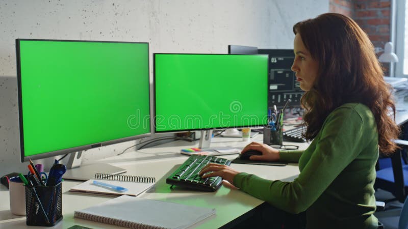 Programmer Typing Codes Mockup Computer in Work Room Closeup. it Woman ...