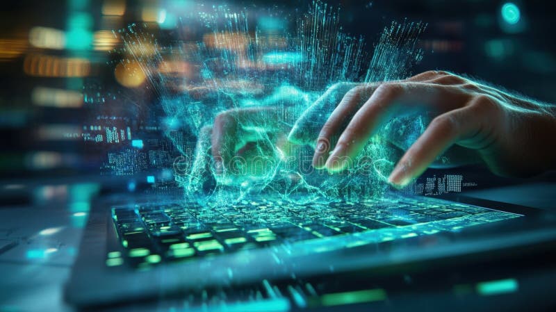 Programmer Typing Futuristic Code on Laptop Keyboard Generating Digital ... Programmer Typing Futuristic Code on Laptop Keyboard Generating Digital ...
