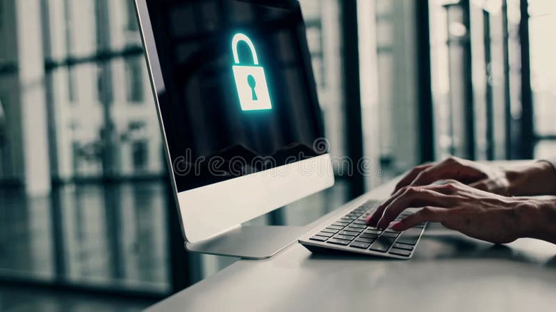 Programmer Typing on Keyboard, Accessing Secure System with Lock Icon on Monitor Stock Video ...