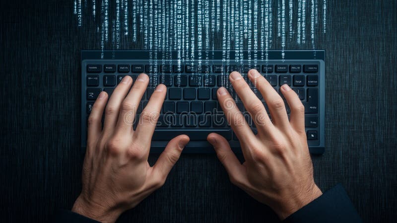 Programmer Typing On Keyboard Binary Code Flowing Upward From Illuminated Keys Visualizing