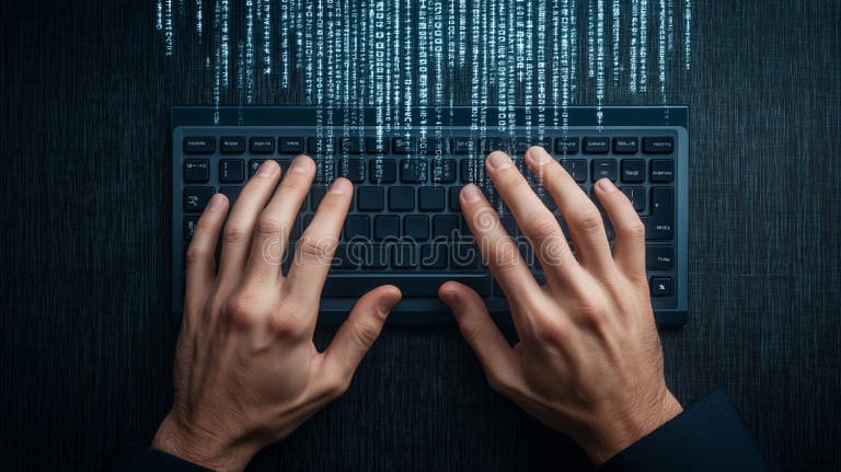 Programmer Typing on Keyboard, Binary Code Flowing Upward from ...