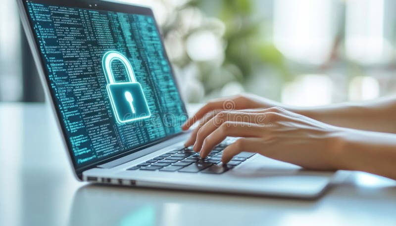 Programmer Working on Laptop with Lock Icon on Screen Stock Photo ...