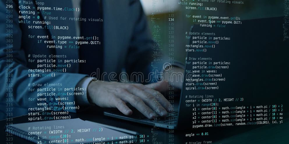 Programmer Typing on Laptop with Transparent Virtual Screen Displaying Fictional Programming ...