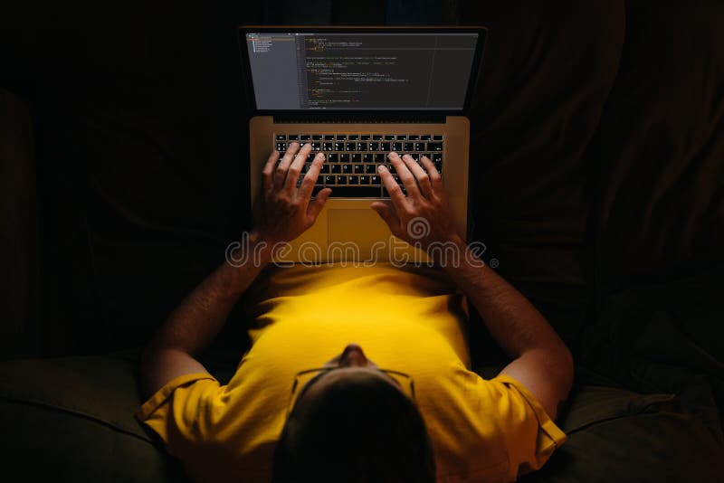 Programmer Typing New Code On Laptop Late At Night Stock Image Image