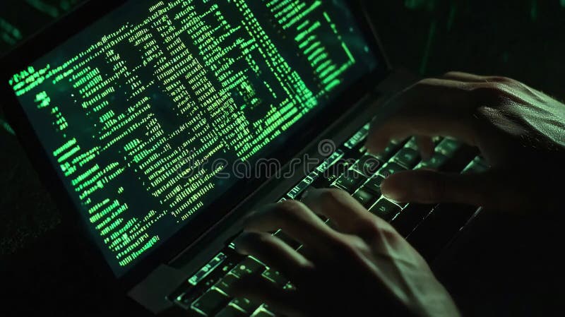Programmer Typing Source Code on Laptop Keyboard, with Computer Screen Casting a Green Glow in ...