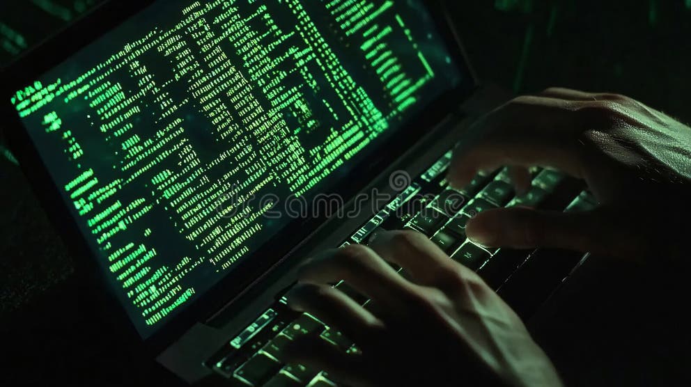 Programmer Typing Source Code on Laptop Keyboard, with Computer Screen Casting a Green Glow in ...