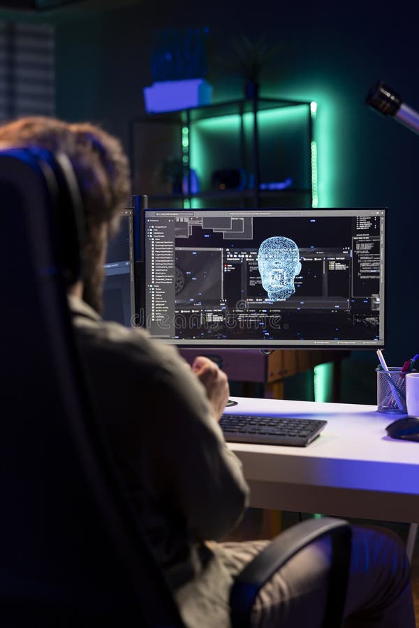 Programmer Updating Artificial Intelligence Neural Networks Writing Binary Code Stock Image