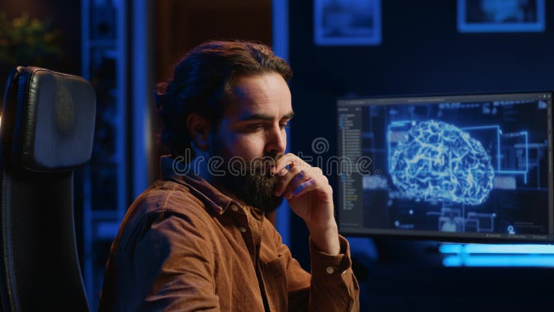 Programmer Using Computer To Update Ai Neural Networks Drinking Coffee Stock Video Video Of