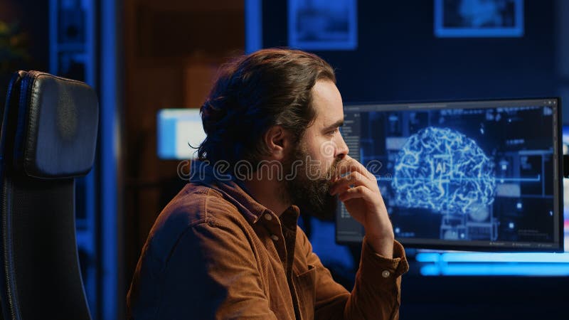 Programmer Using Computer To Update Ai Neural Networks Drinking Coffee Stock Illustration