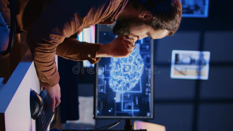 Programmer Using Computer To Update Ai Neural Networks Drinking Coffee