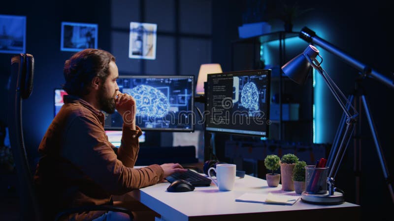 Programmer Using Computer To Update AI Neural Networks, Drinking Coffee ...