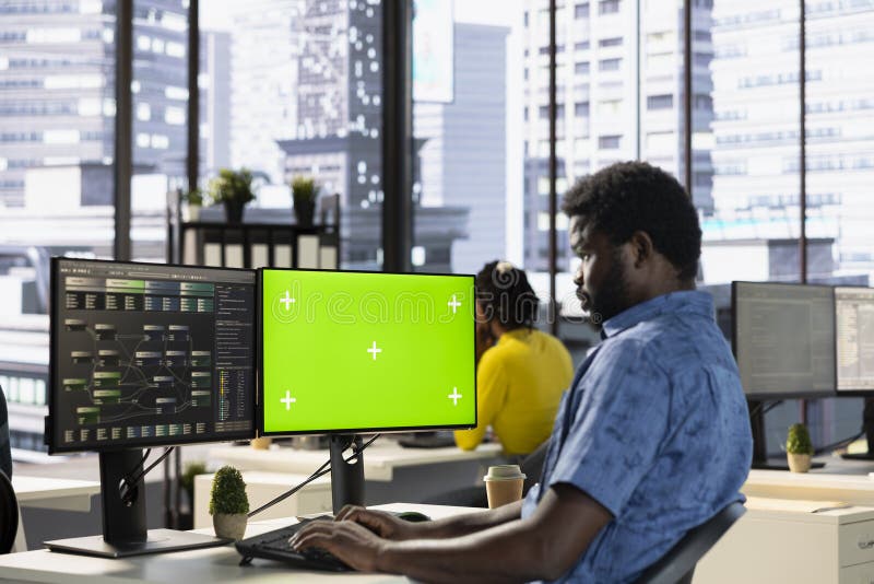 Programmer Using Mockup Pc To Develop Machine Learning Apis Stock Image