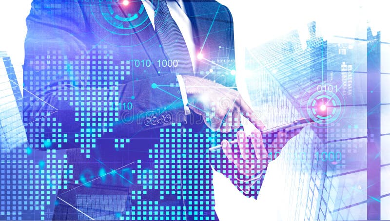 Programmer Using Tablet in City, HUD World Map Stock Photo - Image of ...