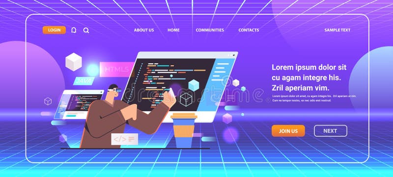 Programmer In Virtual Reality Glasses Writing Code For Computer App Engineering Software Coding